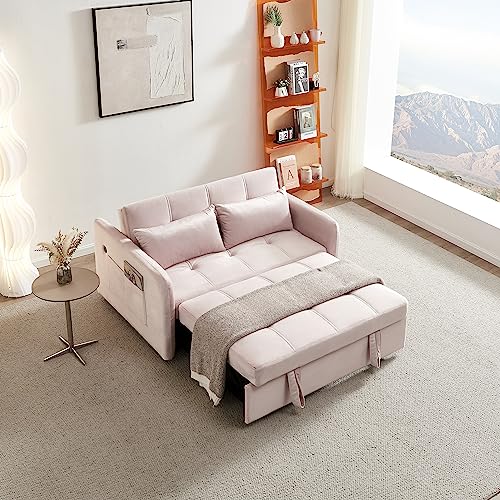 FANYE Twin XL 3-in-1 Tufted Upholstered Daybed Futon Loveseat W/Pull Out Sleeper Bed and USB Ports, 2-Seaters Sofa & Couch Soft Cushions Love Seat Convertible Size Sleep Sofabed for Living Room, Pink