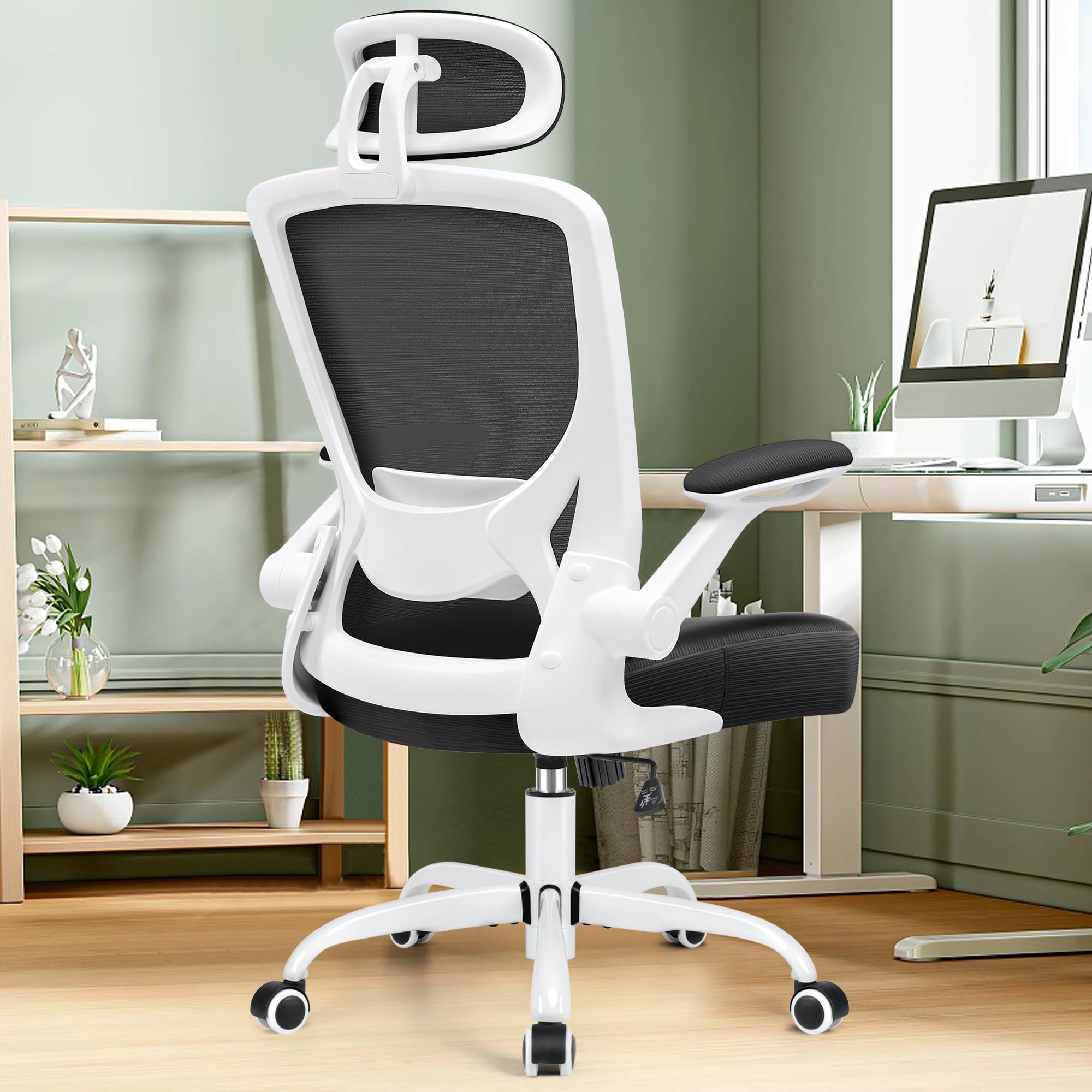 KERDOM Ergonomic Office Chair, Breathable Mesh Desk Chair, Lumbar Support Computer Chair with Headrest and Flip-up Arms, Swivel Task Chair, Adjustable Height Gaming Chair, White