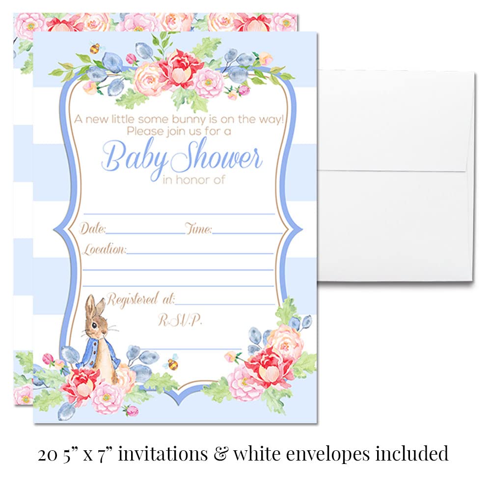 Amanda Creation Little Rabbit Boy Baby Shower Party Bundle Includes 20 each of Invitations with Envelopes + 4 Different Sizes of Decorative Stickers, Diaper Tickets & Bring a Book Cards