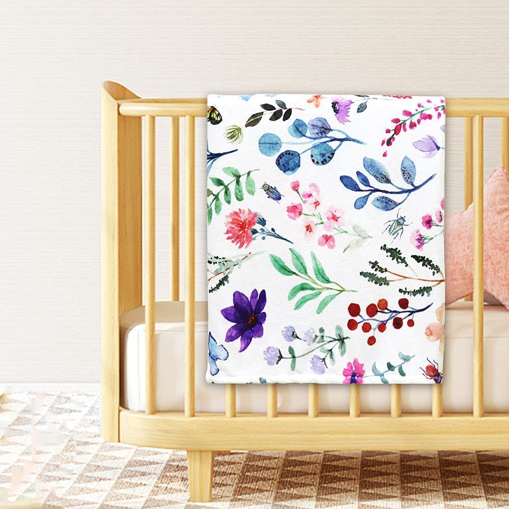 Baby Soft Crib Sheet and Baby Minky Blankets with White Watercolor Floral