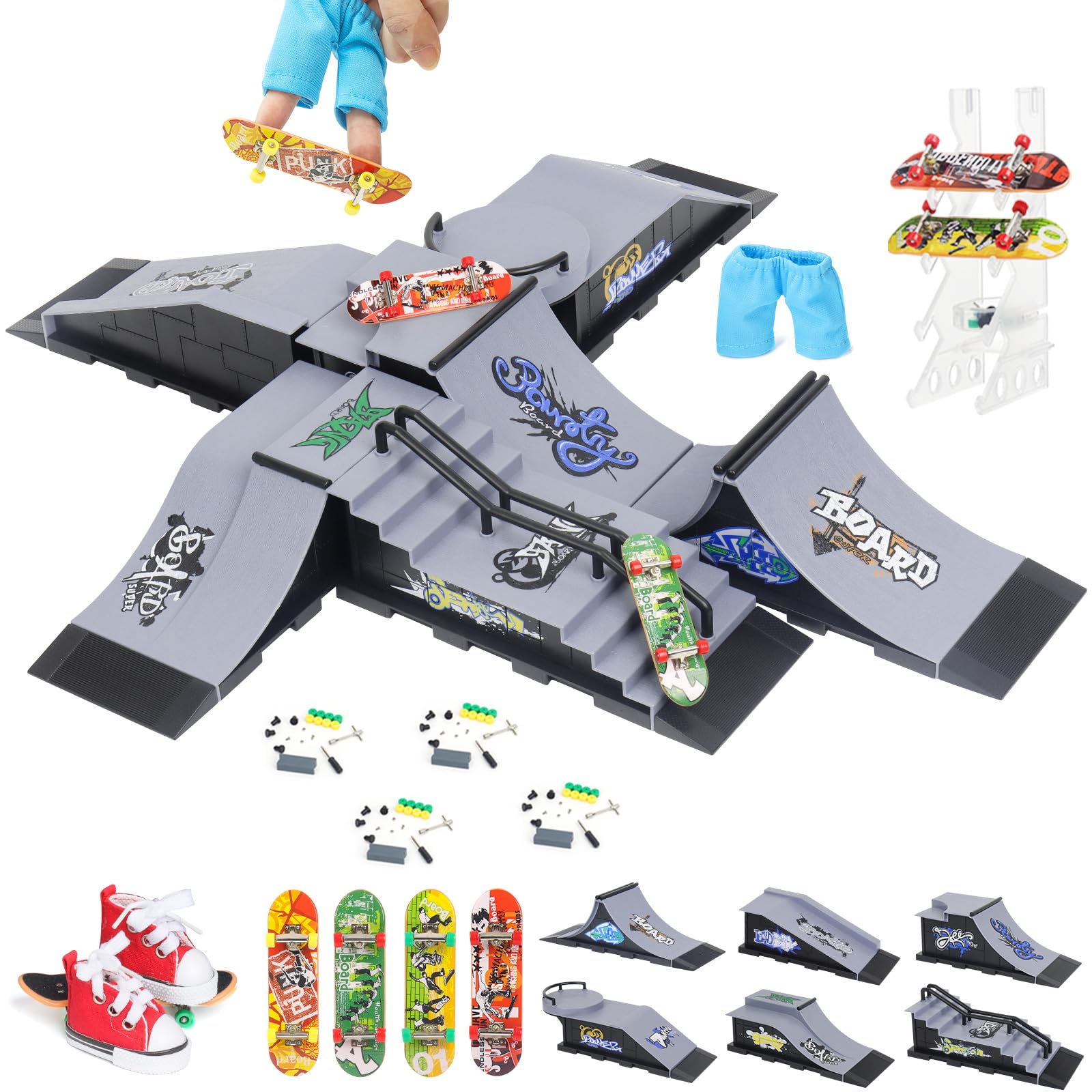 KETIEE Mini Finger Skateboard Ramp, Skate Park Kit with Fingerboard & Mini Finger Shorts for Fingerboards Training Props Interactive Freestyle Skate Game, Finger Skateboards for Kids (A, Red)