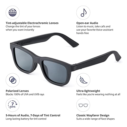 Ampere Dusk App-enabled Tint Adjustable Sunglasses, Smart Sunglasses with Open Ear Audio, Electrochromic, Polarized Lenses, Music, Calls (Black)