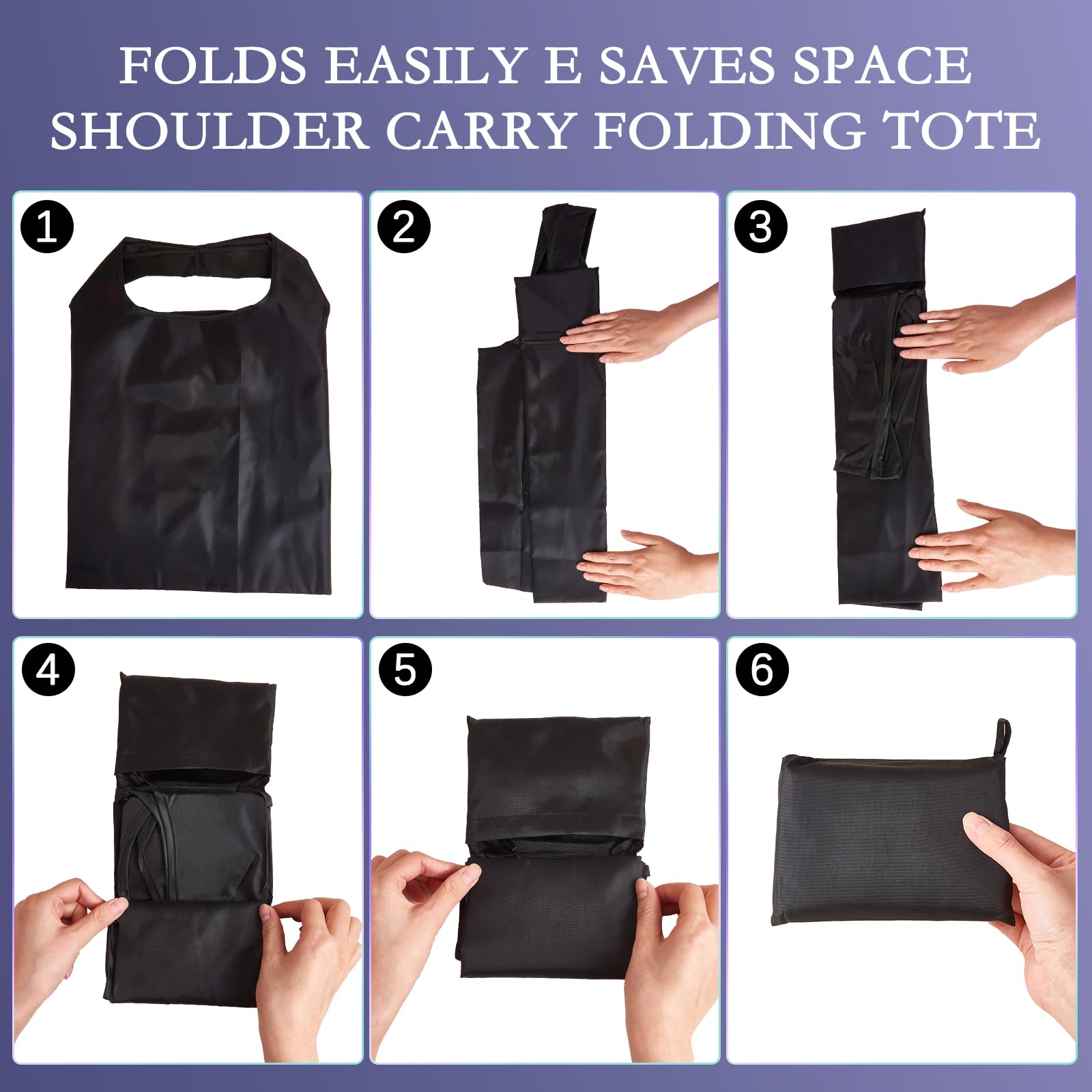 BEEFLYING 3pcs Foldable Eco-Friendly Nylon Grocery Bags Reusable Waterproof Shopping Tote Bags Black with Pouch and Bag Handle (52.5x60x0.15cm)