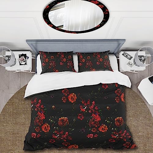 DESIGN ART Designart 'Grunge Red Summer Flowers On Black' Traditional Duvet Cover Set King