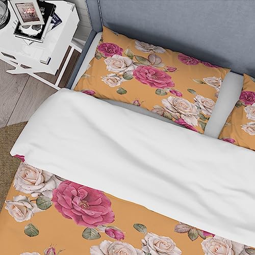 DESIGN ART Designart 'White and Red Roses On Mustard Background' Traditional Duvet Cover Set Twin