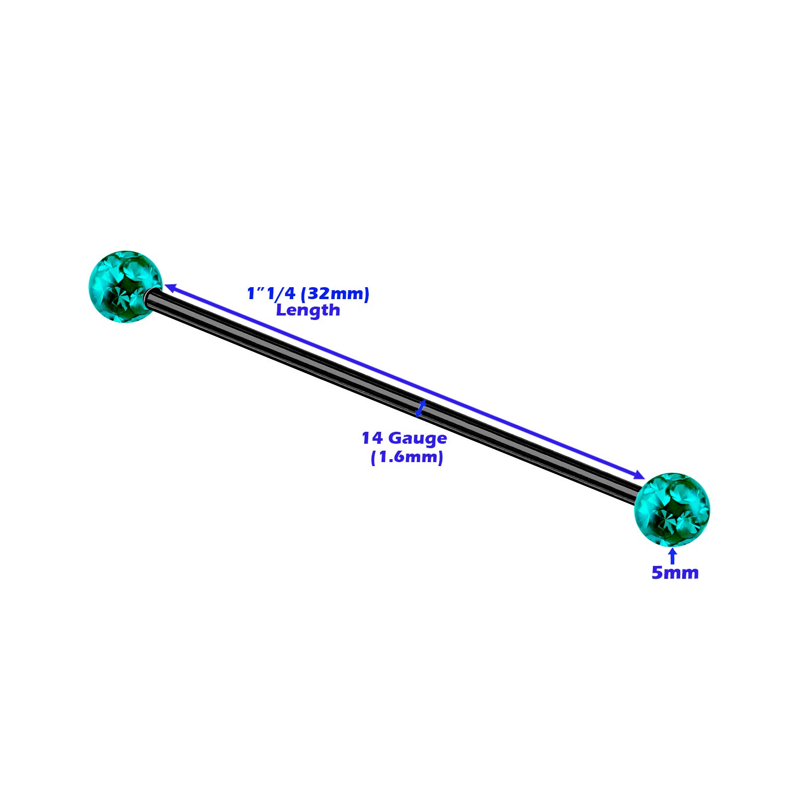 Anodized Titanium 14g 1 1/4 32mm Industry Bar Piercing Jewelry Scaffold Ear Cartilage 5mm Blue Zircon Ferido Crystal M5326