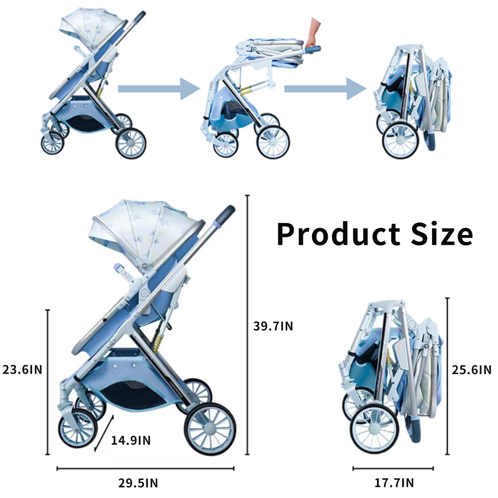 Baby Stroller - 2 in 1 High Landscape Convertible Stroller with Reversible Seat, Foldable Aluminum Alloy Pram Anti-Shock Toddler Pushchair Strollers for 0-36 Months Babies