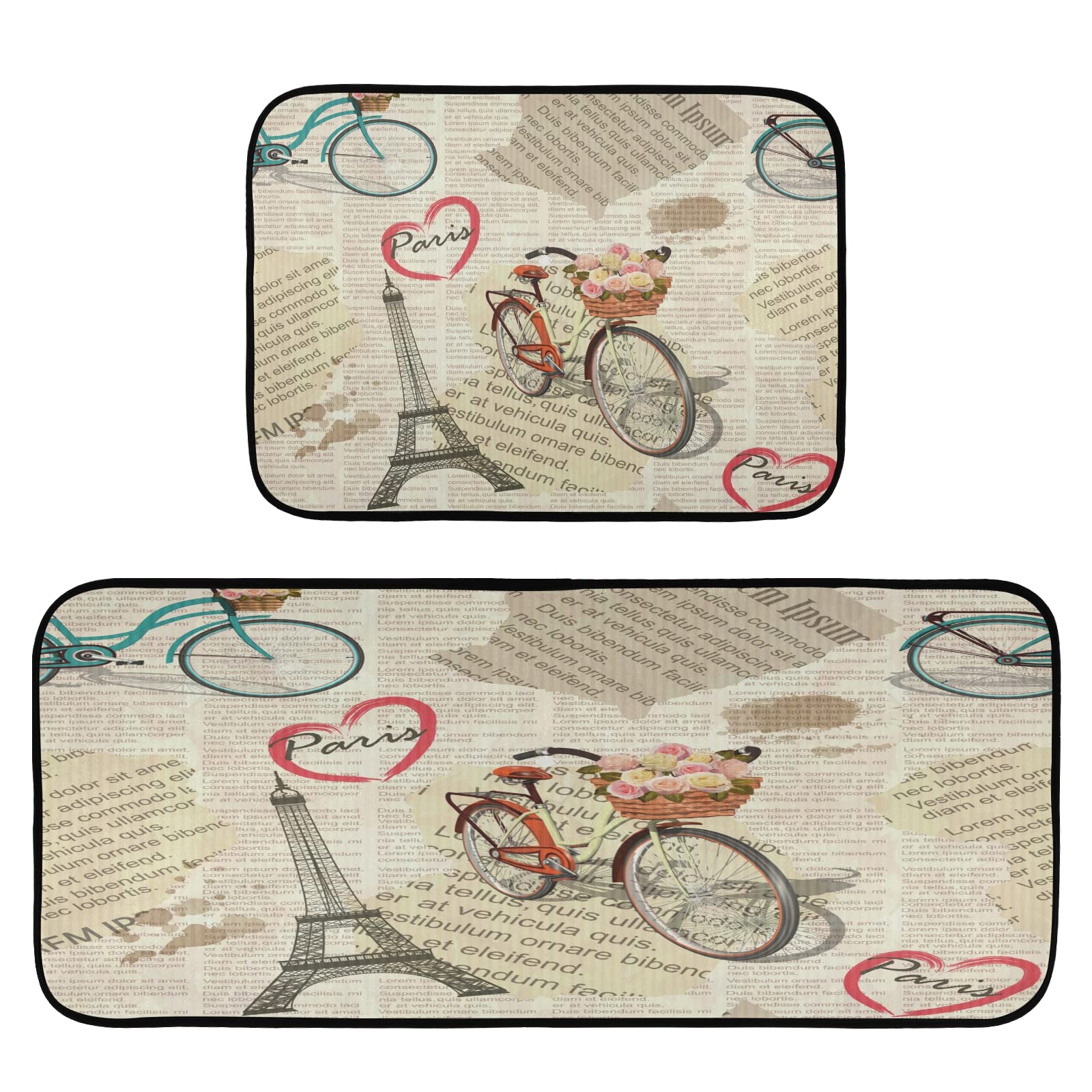 ALAZA Vintage Paris Eiffel Tower France Newspaper 2 Piece Kitchen Rug Floor Mat Set Runner Rugs Non-Slip for Kitchen Laundry Office 20" x 28" + 20" x 48"