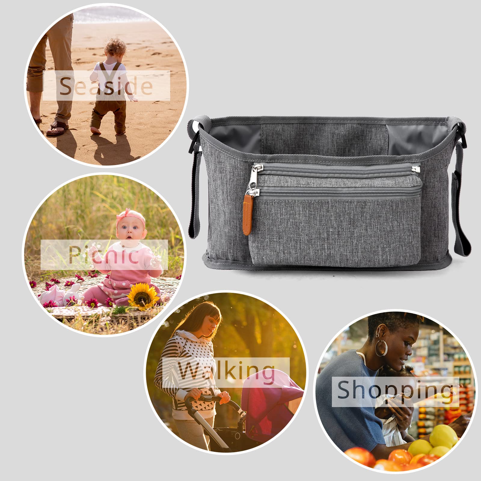 Baby Stroller Diaper Caddy Organizer for Baby Storage On the Go with Muti Pockets, Non-Slip Stroller Hooks and Adjustable Strap, Gray