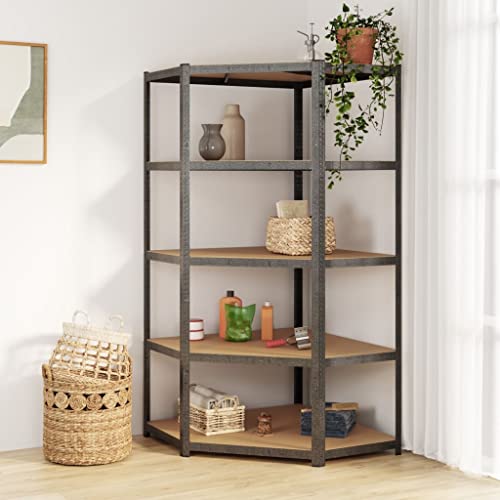 vidaXL 5-Layer Heavy-Duty Corner Shelf Home Indoor Warehouse Workshop Storage Shelf Industrial Shelving Rack Unit Gray Steel and Engineered Wood