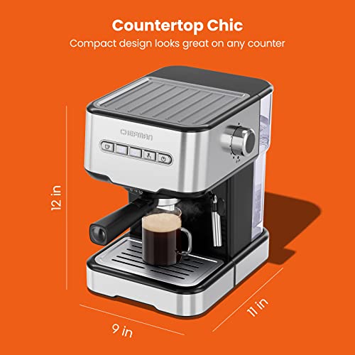 Chefman 6-in-1 Espresso Machine with Steamer, One-Touch Single or Double Shot Maker, Coffee Cappuccino Machine, Latte Built-In Milk Frother Stainless Steel