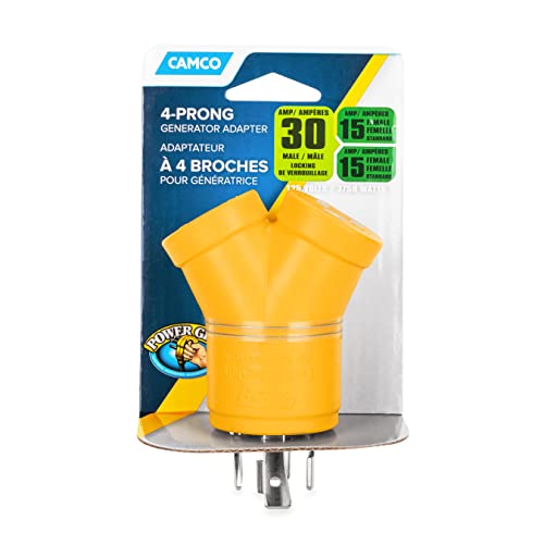 Camco 55438 PowerGrip (30M/2 x 15F) 4-Prong Generator Adapter, Yellow