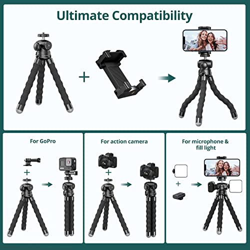 ATUMTEK 2 Height Adjustment Phone Tripod w Cold Shoe Mount & 1/4” Screw Extension, Flexible Tripod Stand with Remote and Clip for Smartphones GoPro Action Camera Micphone Fill Light - 9.4 inches