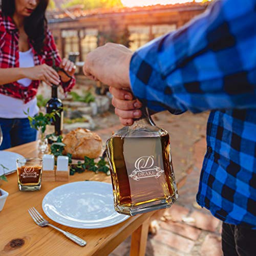 Personalized 5 pc Whiskey Decanter Set - Decanter and 4 Glasses Gift Set - Custom Engraved with Fancy Design