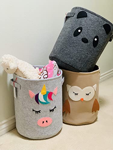 Kids’ Collapsible Laundry & Toy Basket – Felt Baby Hamper with Strong Handles & Cute Design – Kids & Baby Laundry Basket for Boys & Girls, Storage, Organization, Woodland Nursery by Sannomiya - Owl