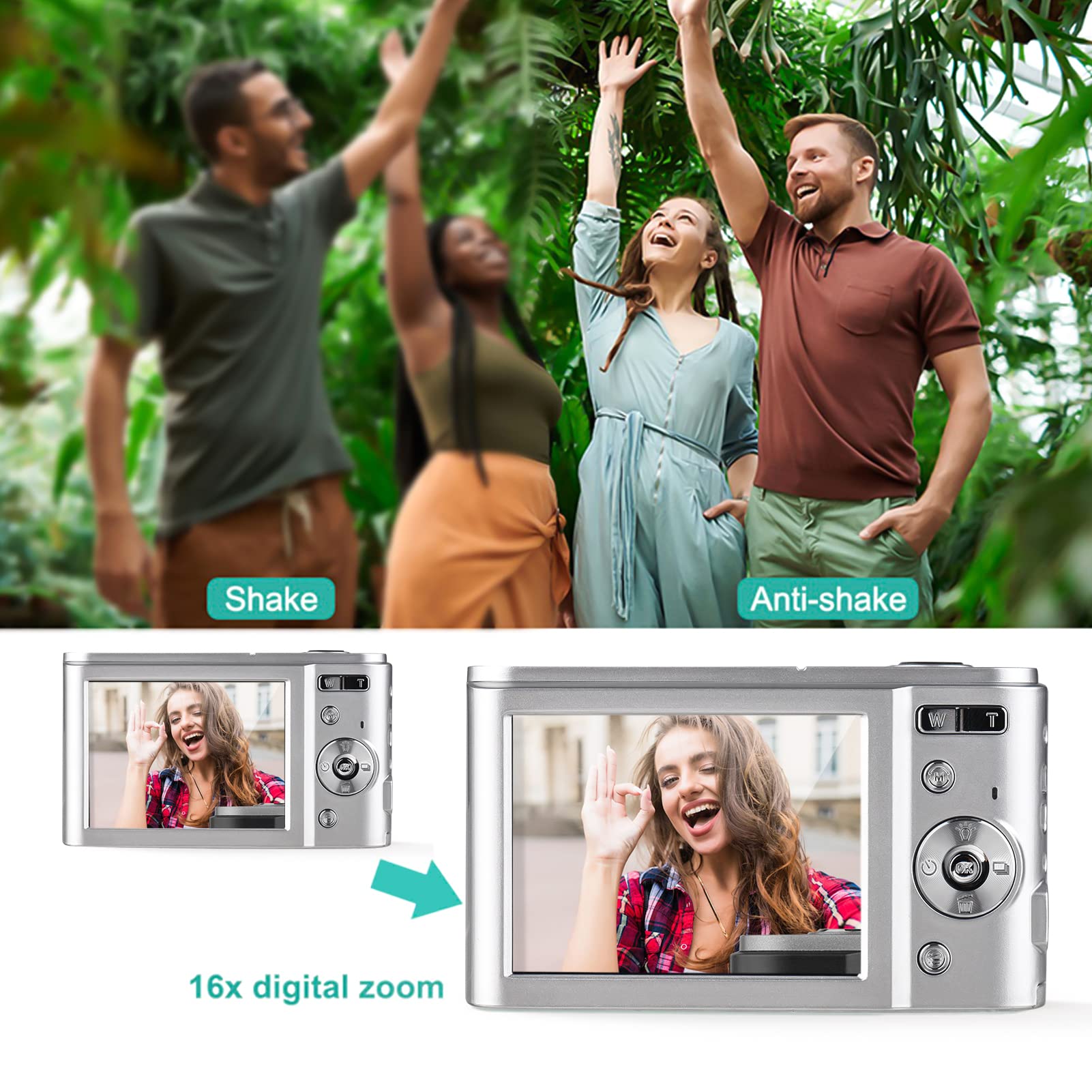 Andoer Portable Digital Camera 48MP 2.7K 2.88-inch IPS Screen 16X Zoom Auto Focus Self-Timer 128GB Extended Memory Face Detection Anti-Shaking with 2pcs Batteries Hand Strap Carry Pouch