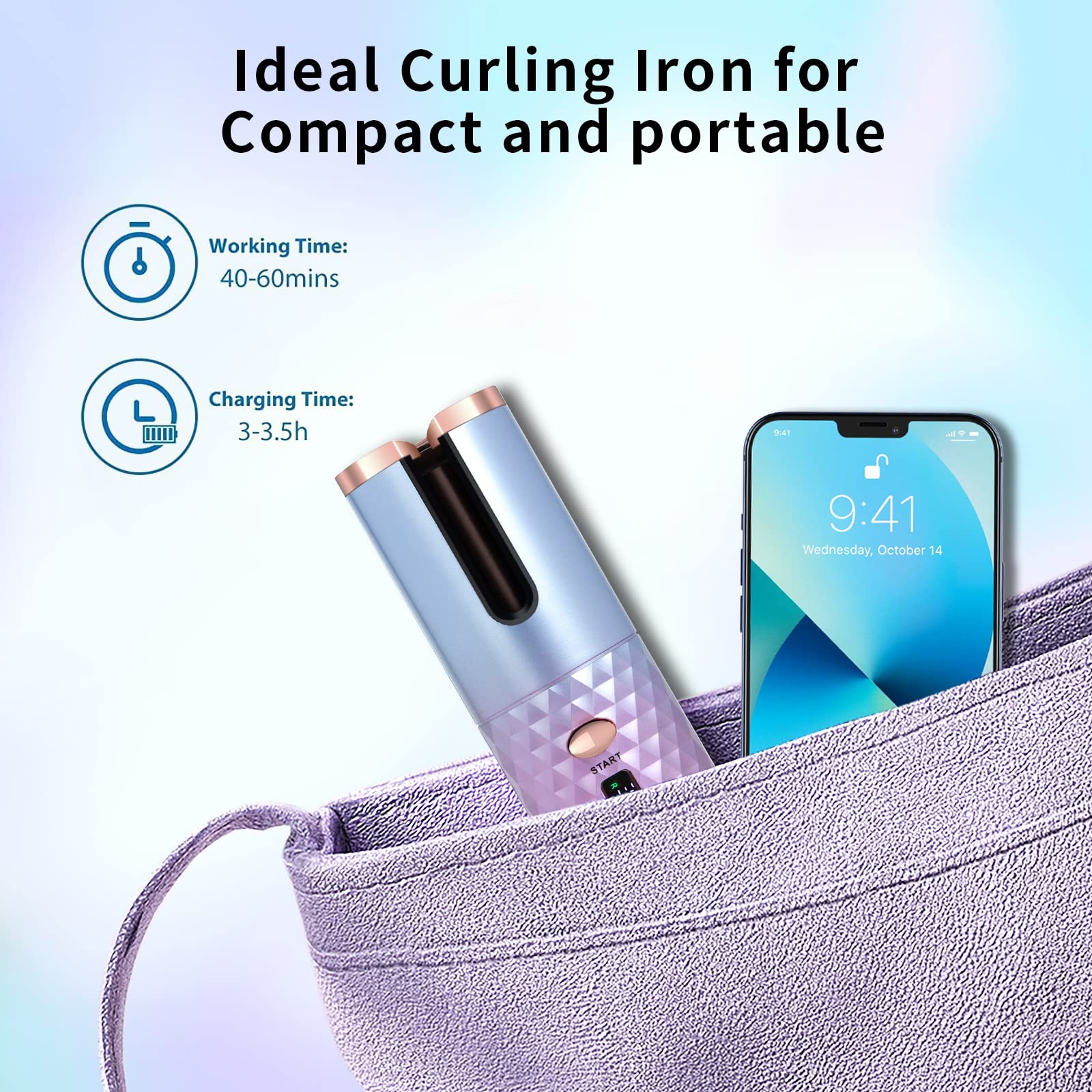 Automatic Curling Iron, Ombsyej Cordless Auto Hair Curler Ceramic Rotating Hair Curler with 6 Temps & Timers, LCD Display USB Rechargeable Curling Wand, Fast Heating Iron for Styling