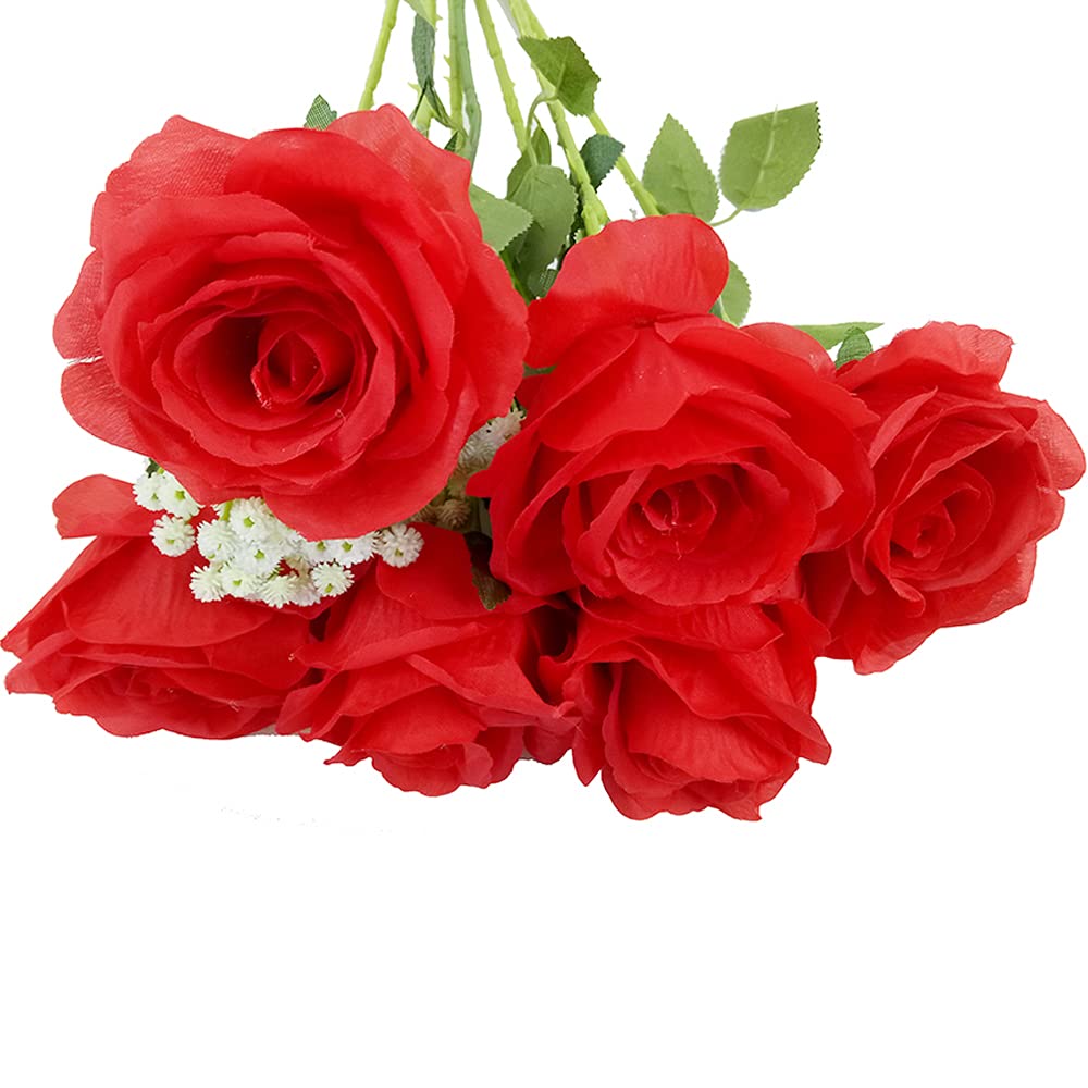 Etycoo 6PCS Artificial Rose Flowers Silk Long Stem Artificial Fake Rose for Wedding Party Home Garden Photography Decor with Gypsophila (Multicolor)