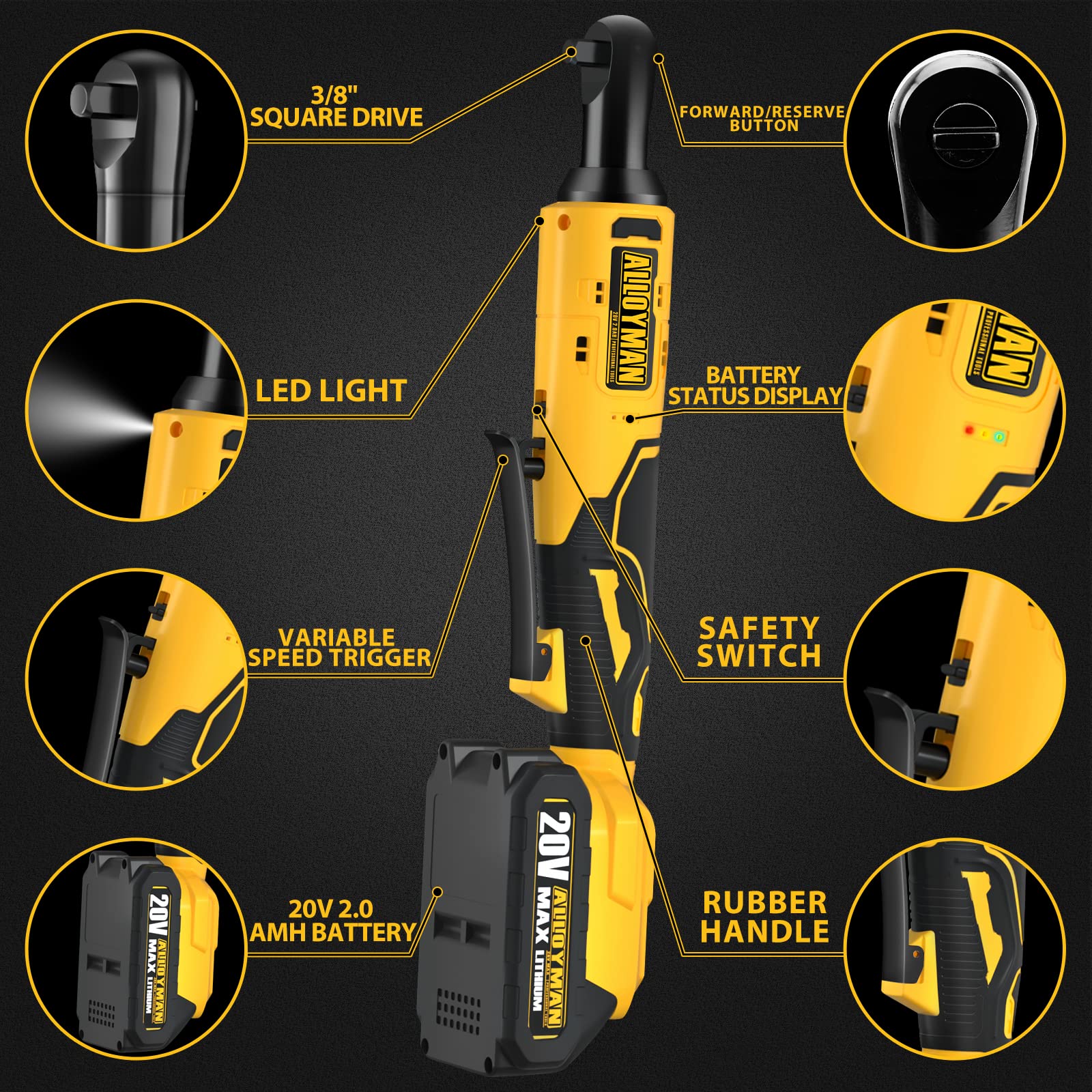Alloyman 20V Cordless Electric Ratchet Wrench, 450 RPM 3/8 Inch Power Ratchet Wrench Kit with Variable Speed Trigger, 7 Sockets, 1/4" Adapter & 1-Hour Fast Charger