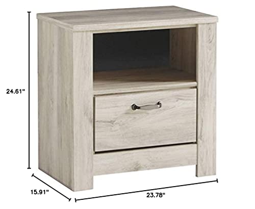 Signature Design by Ashley Bellaby Farmhouse 1 Drawer Nightstand with 1 Storage Cubby & Slim-Profile USB Charging Station, Whitewash, 15.91 in x 23.78 in x 24.61 in