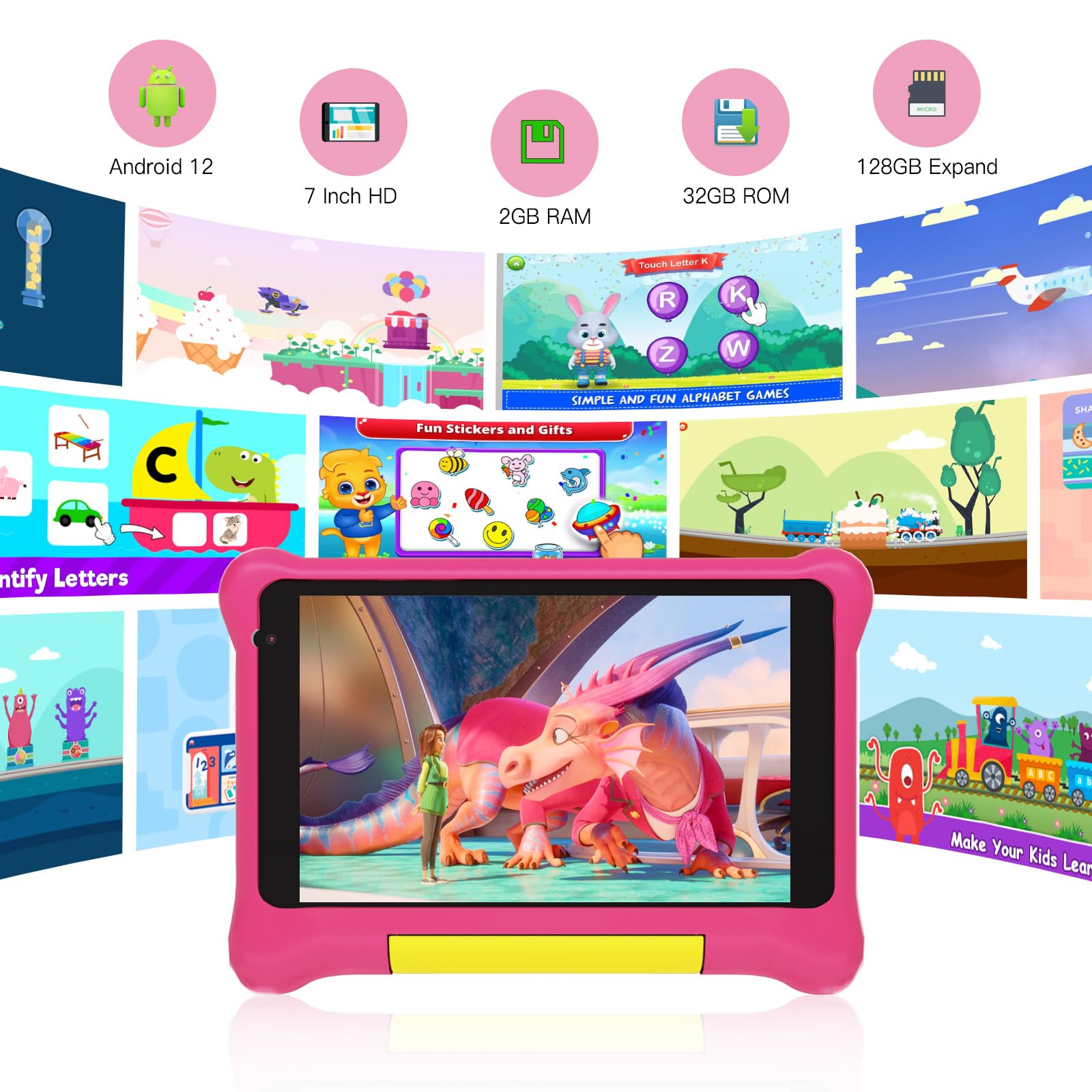 Anyway.go Kids Tablet 7 inch Tablet for Kids Android 12 Tablet 2GB 32GB Kid Tablet, Parent Controls, Dual Camera, Kidoz Pre-Installed Children Learning Tablet with Case (Pink)