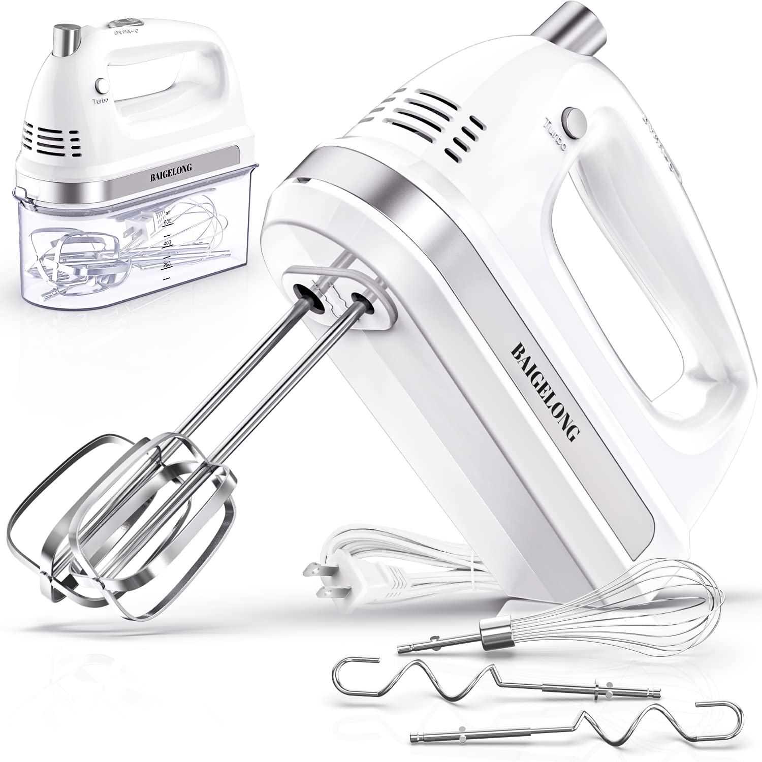 BAIGELONG Hand Electric Mixer, 300W Ultra Power Food Kitchen Mixer with 5 Self-Control Speeds + Turbo Boost, 5 Stainless Steel Attachments Handheld Mixer for Baking, Black