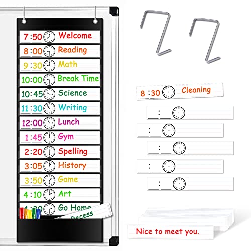 VNOM Daily Schedule Pocket Chart, Class Schedule with 13+1 Pockets 18 Dry Eraser Cards 2 Easy Over Door Mountings for Classroom, School, Office or Home (13β x 35.5β) (BLACK)