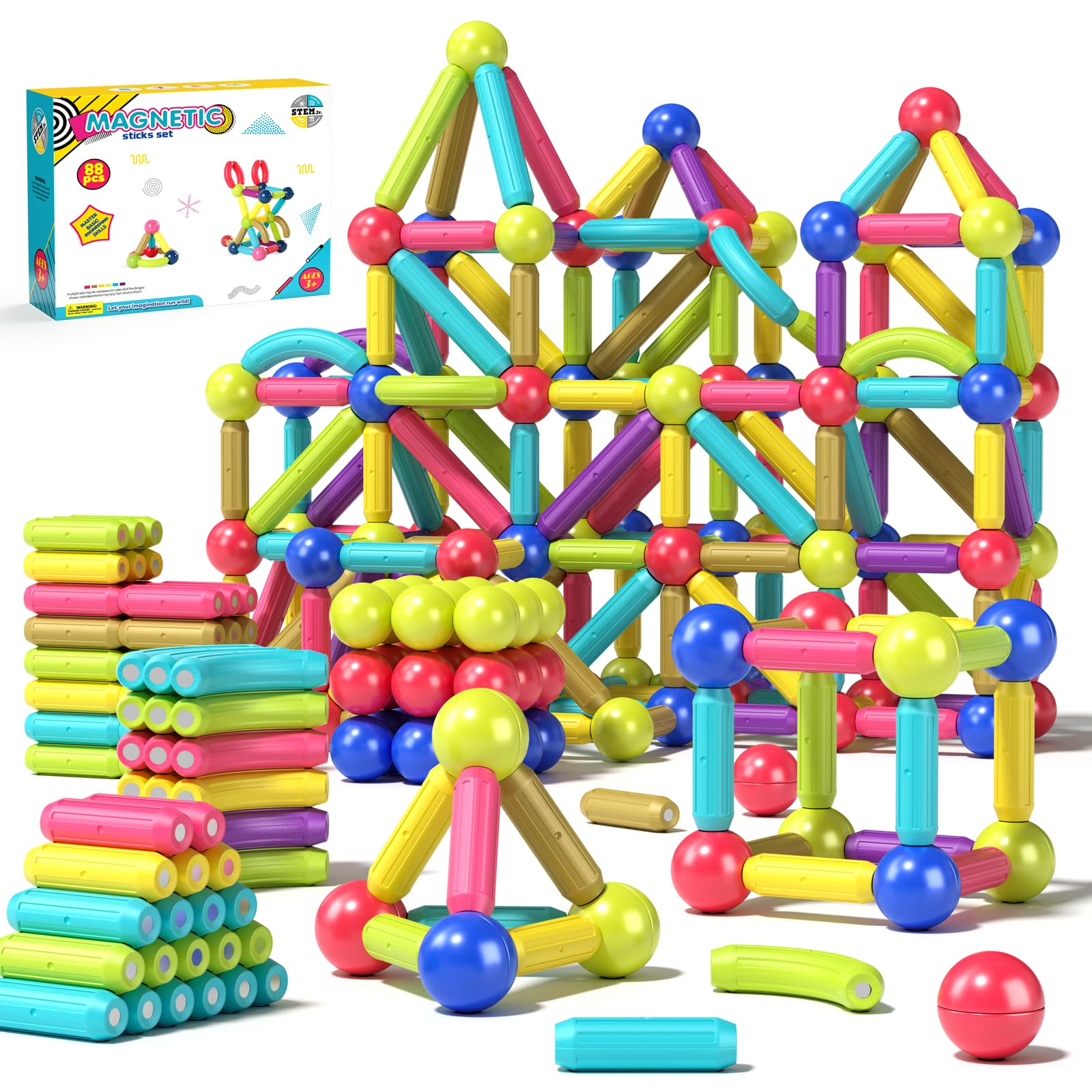 Asago Magnetic Building Toys for Kids, 88pcs Magnetic Tiles Toddler Toys, Magnet Blocks Sticks & Ball Creativity Game, STEM Brain Development Kit for Preschool Girls,Boys Ideal Gift Set