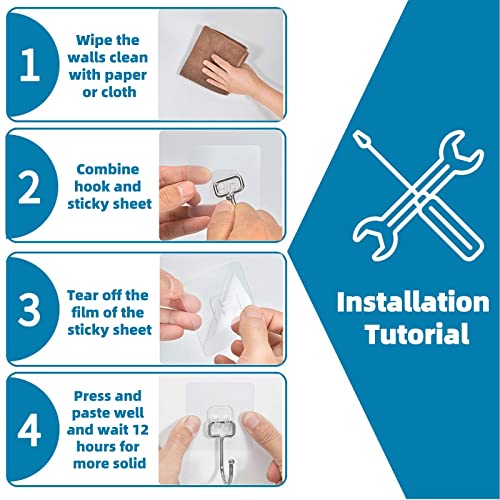 Apwzv Adhesive Hooks Kitchen Wall Hangers - 10 Pack Heavy Duty 40lb (Max) Nail Free Adhesive Hooks.Transparent Waterproof with Stainless Steel Hooks,Reusable Utility Towel Bathroom Ceiling Hooks.