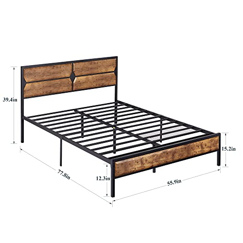 VECELO Full Size Platform Bed Frame with Wood Headboard/Mattress Foundation/Premium Steel Slats Support/No Box Spring Needed,Brown(Modern)