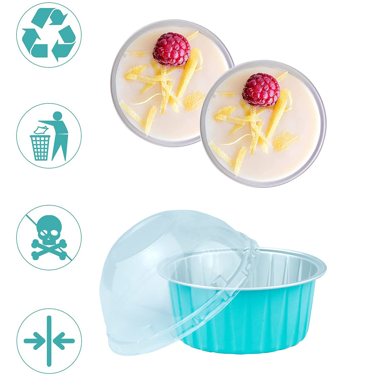 ALLRI Cupcake Liners with Dome Lids, Foil Dessert Ramekins 5oz Baking Cups Aluminum Foil, Muffin for Blue Lids Ramekin Containers Holders