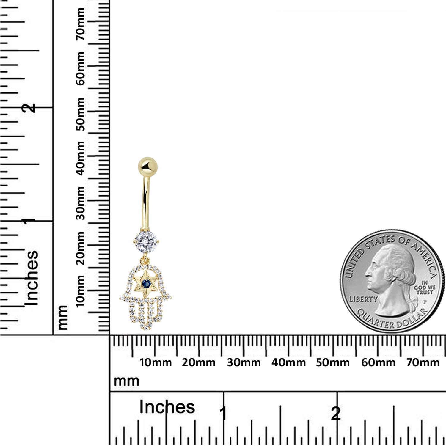 AVORA 10K Yellow Gold Simulated Diamond CZ Dangling Hamsa Belly Button Ring Body Jewelry (14 Gauge)