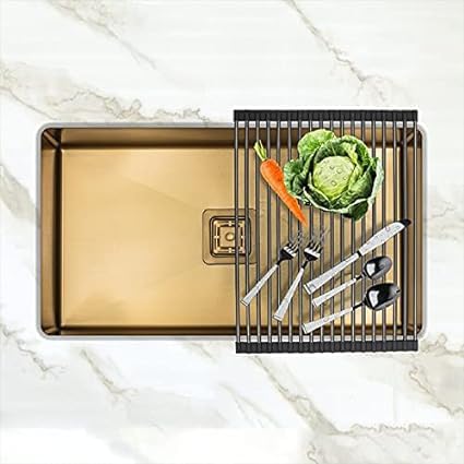 Bundle of Gold Pull Down Sprayer Kitchen Faucet with Stainless Steel Dish Drying Rack – Kitchen Sink Faucet with Dual Function Spray Head and 360 Swivel Spout - Gold 21 X 13” Roll Up Dish Drying Rack