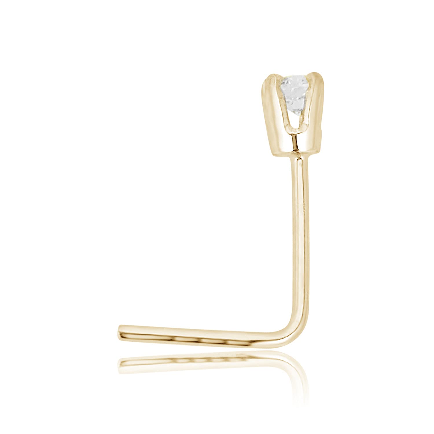 AVORA 14K Yellow Gold 0.025 CT (1.8mm) Genuine Diamond L-Shape Nose Ring Body Jewelry (22 Gauge)