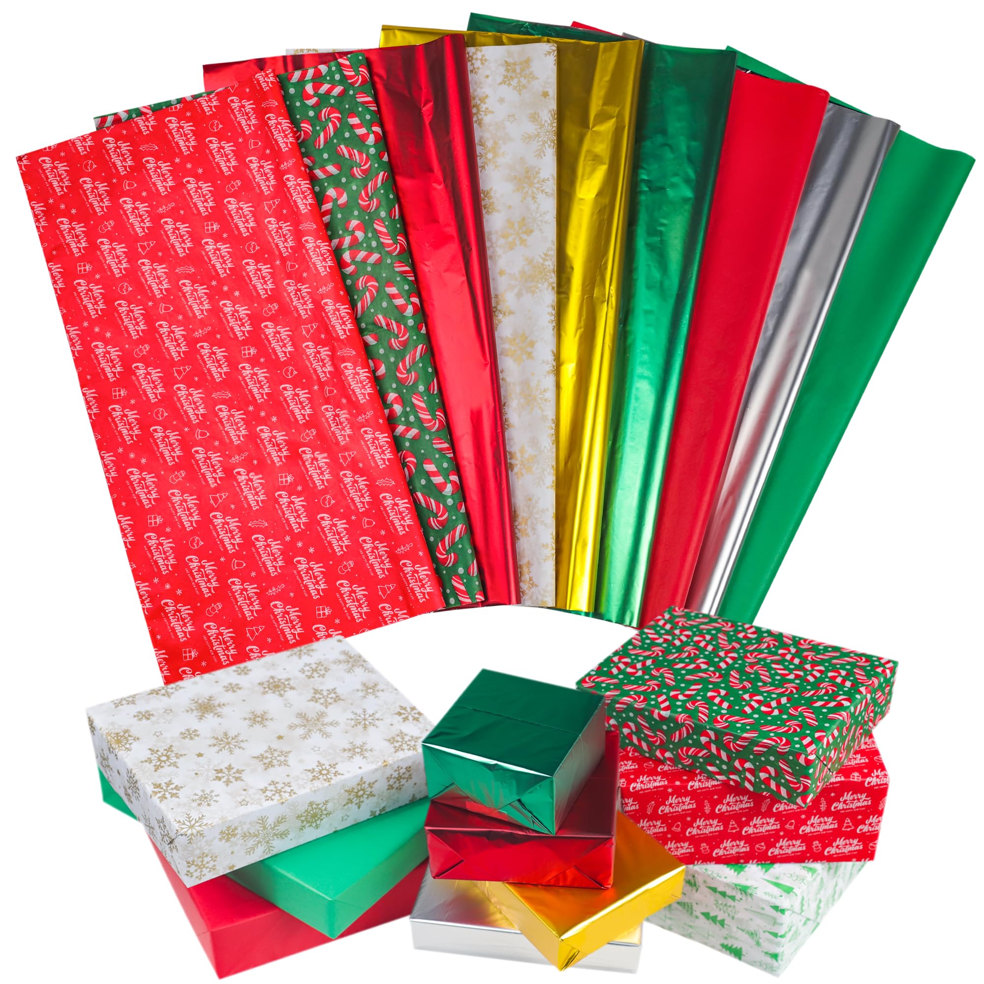 BLEWINDZ 100 Sheets Christmas Tissue Paper for Gift Wrapping Bags, 20'' x 20'' Christmas Sparkle Metallic Gift Wrapping Paper Bulk for Xmas Birthday Holiday Decor (10 Patterns)