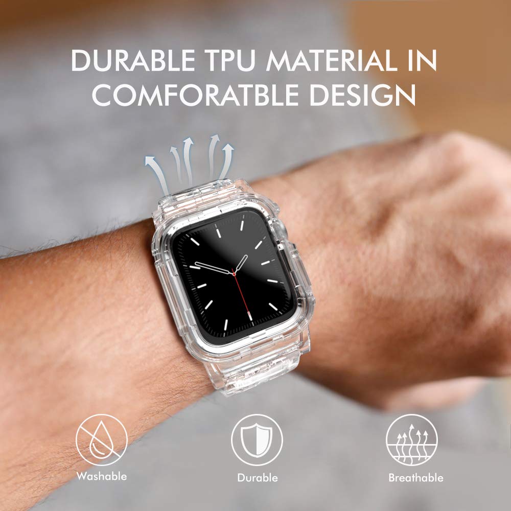 AHASTYLE Compatible with Apple Watch Clear Band Crystal Band with Rugged Bumper Case for Apple Watch Series 6 5 4 3 2 1 SE Transparent (42mm/44mm, Crystal Clear)