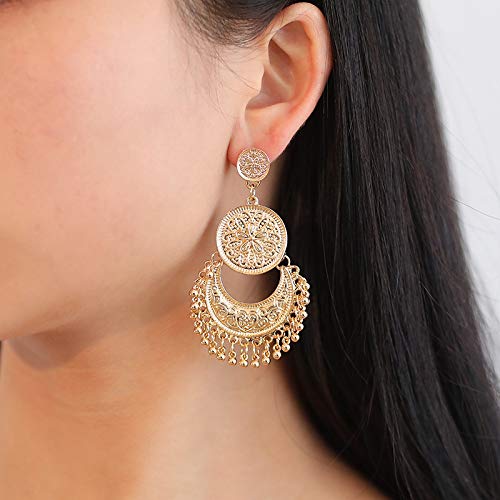 Antique Ethnic Brocade Mexico Gypsy Engraved Lotus Hook Dangle Earrings for Women-gold