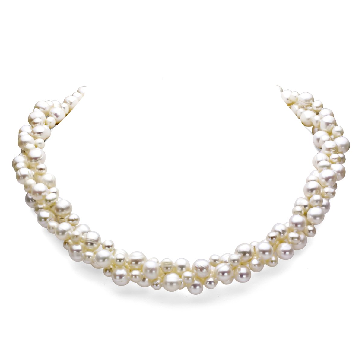 Amazon Collection Sterling Silver 4-4.5mm and 8-8.5mm White Freshwater Cultured Pearl 3-rows Twisted Necklace, 18"