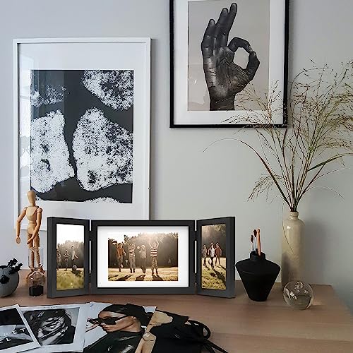 DECOCIAGA Hinged 3 Picture Frame 4x6 & 5x7 Folding Collage Photo Frames Multiple Wooden Desk Picture Frames with Mat for Office Tabletop or Wall Decor, Black