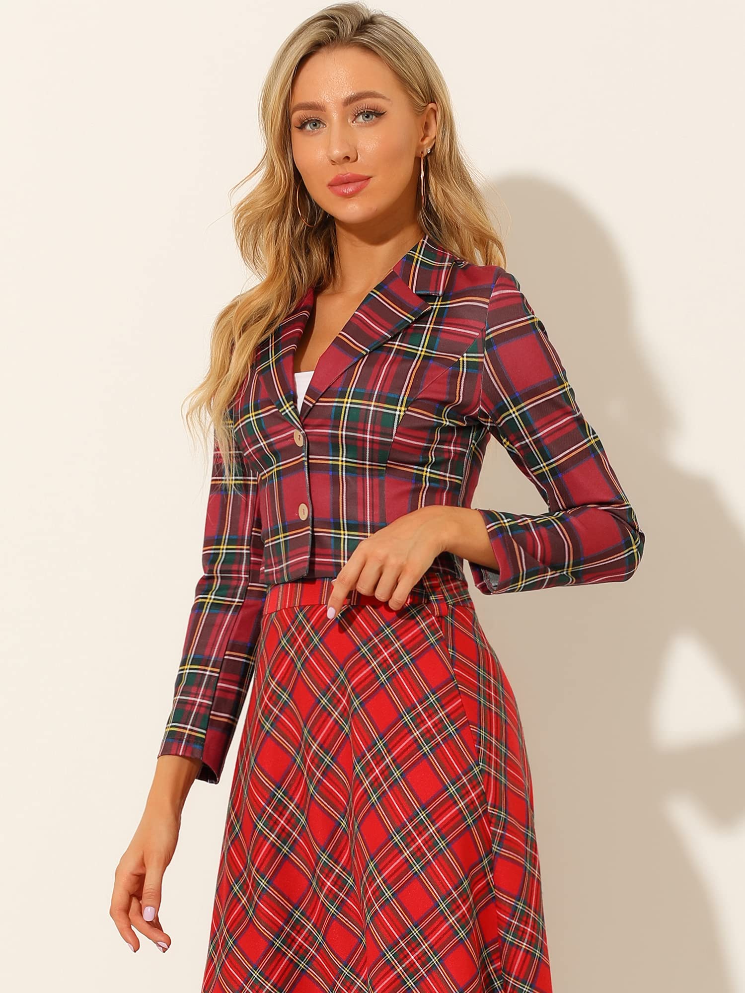 Allegra K Women's Notched Lapel Stretch Plaid Preppy Tartan Crop Blazer Small Red