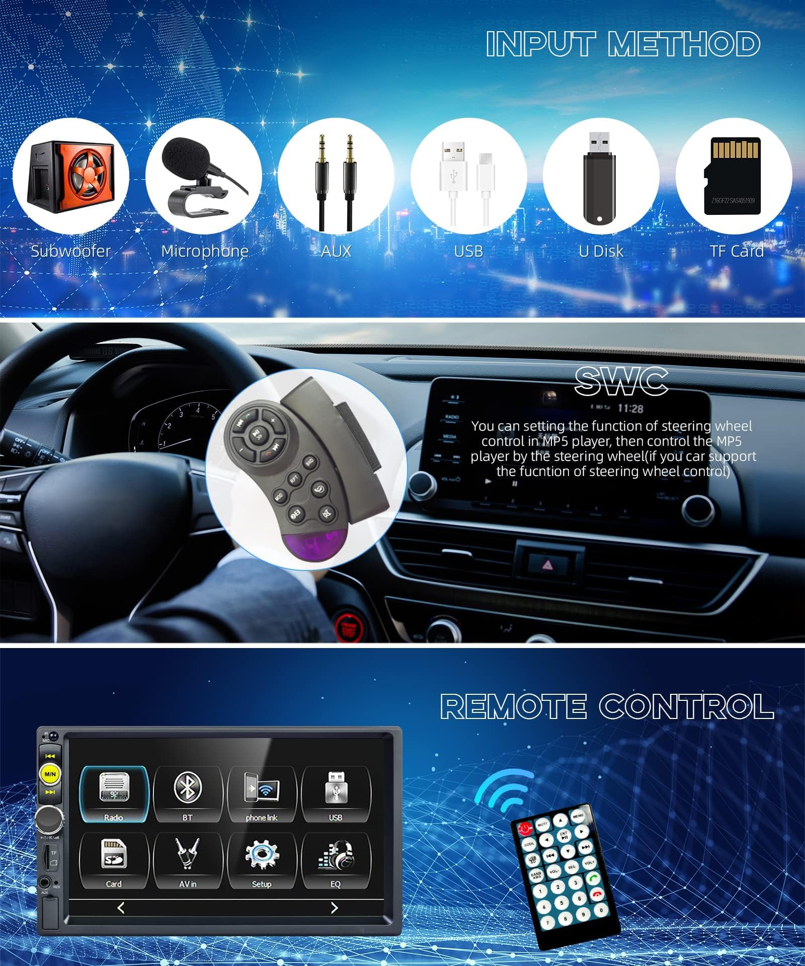 Apple Carplay Double Din Car Stereo Radio with Bluetooth, Rimoody 7 Inch HD Touchscreen Car Radio with Android Auto Mirror Link, Backup Camera, Steering Wheel, FM, USB/TF/AUX