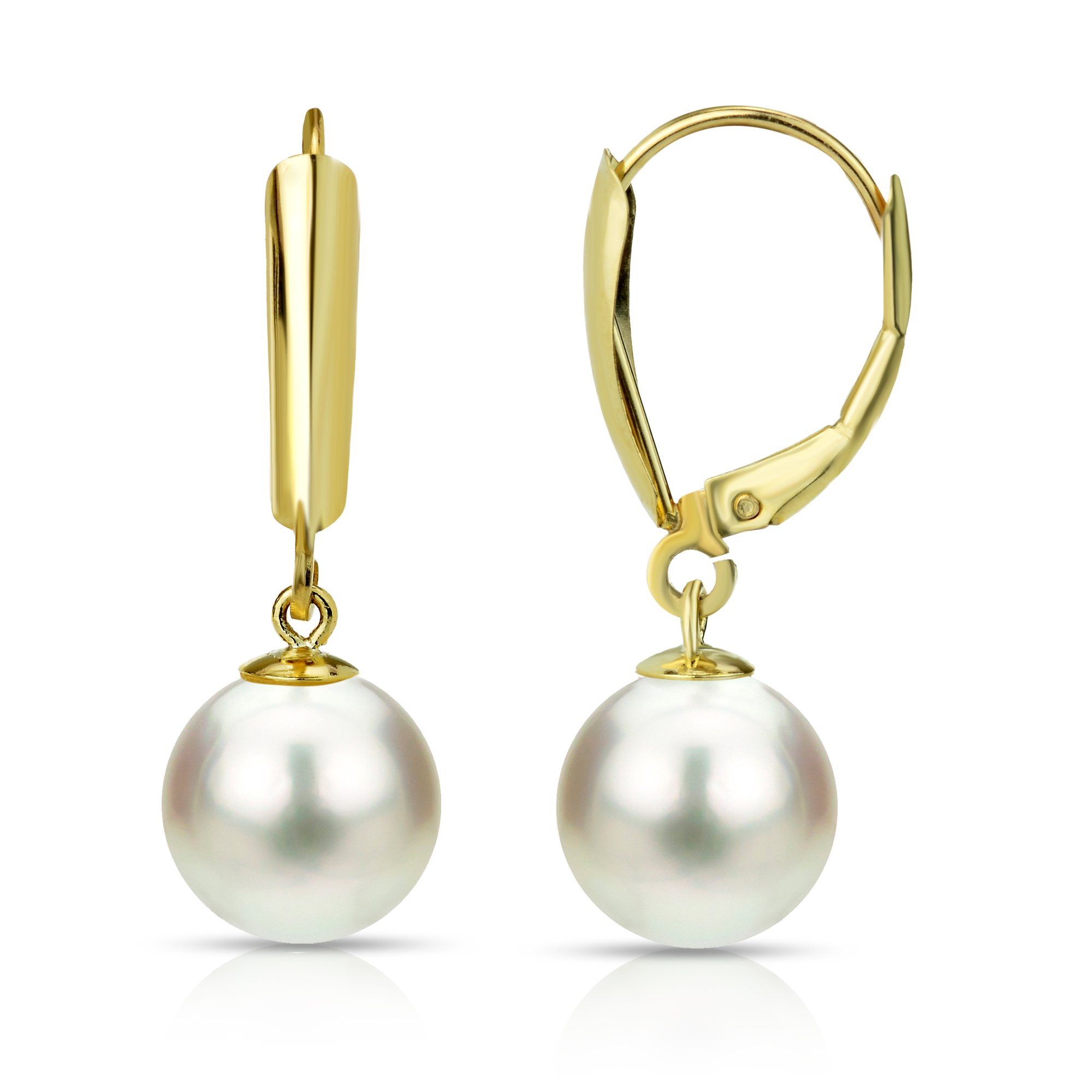 Amazon Collection 14k Yellow Gold 8-8.5mm Round White Freshwater Cultured High Luster Pearl Lever-Back Dangle Earrings