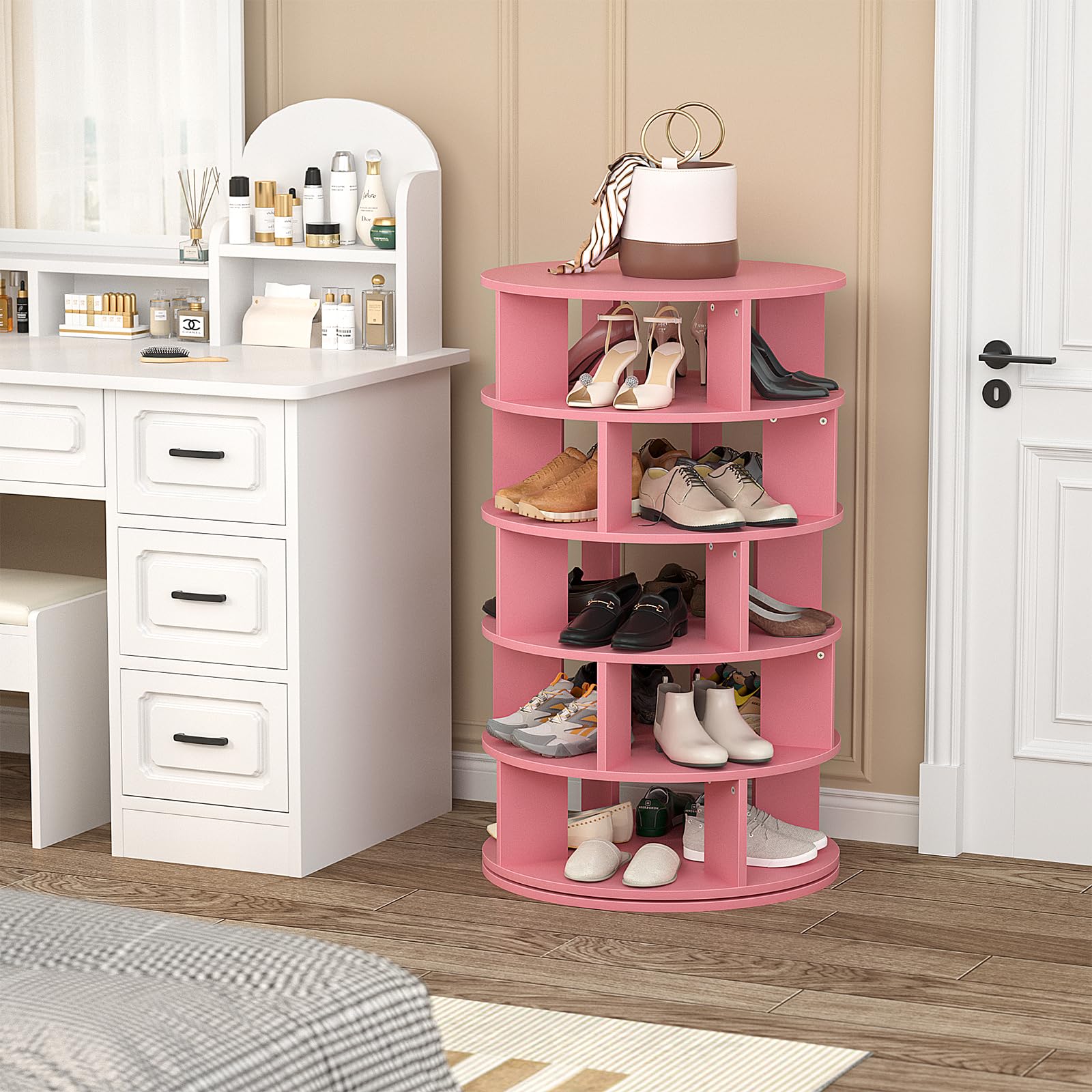 Aheaplus Rotating Shoe Rack, 5-Tier Wood Shoe Organizer for Closet, 360° Spinning Shoe Rack Tower Space-Saving Shoe Storage Shelf for Entryway, Garage, Bedroom, Black