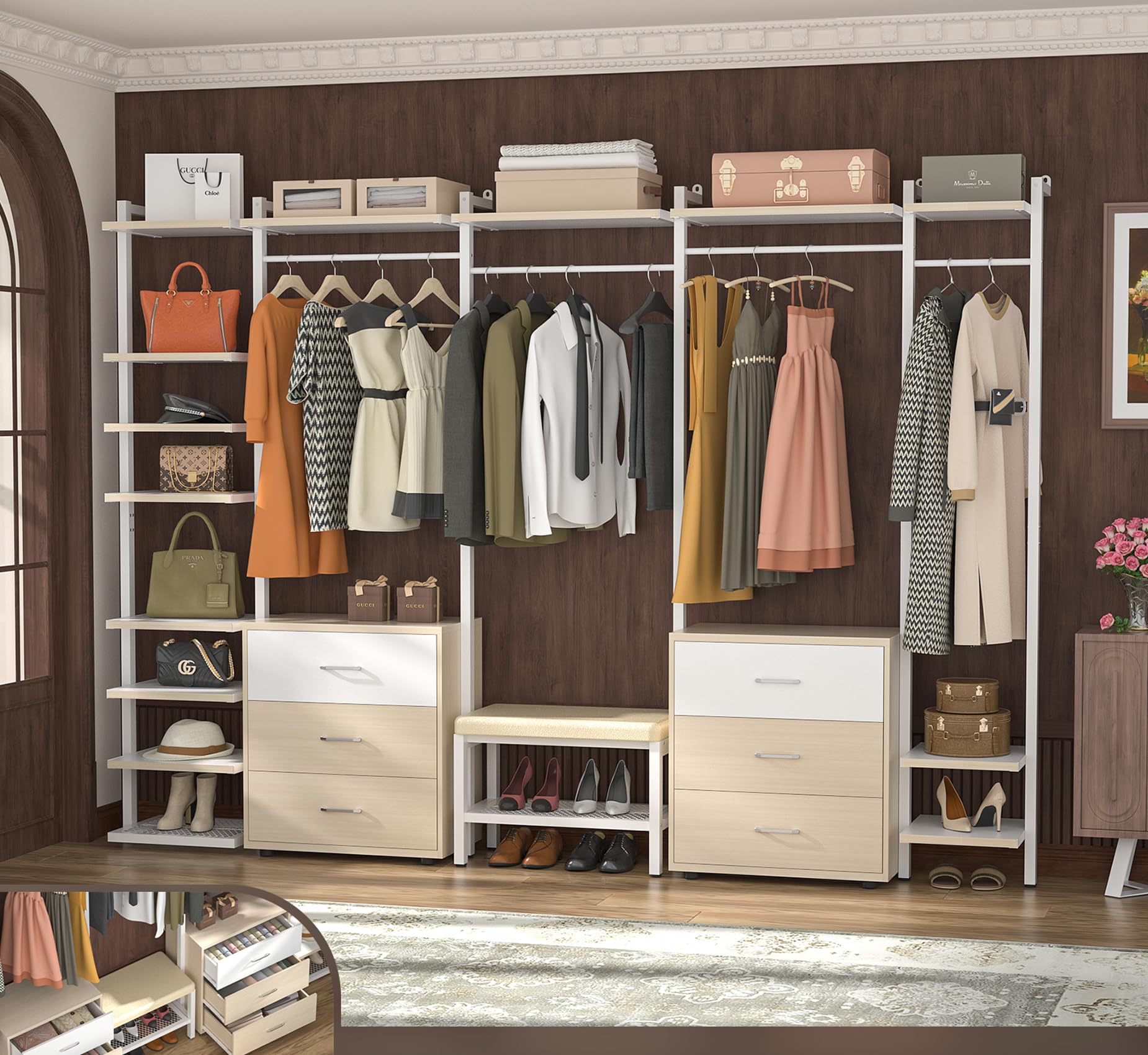 Aheaplus Clothing Rack Heavy Duty Closet Organizer for Hanging Clothes, Large Wall Mounted Garment Rack Clothes Rack with 6-Drawers for Wardrobe, Bedroom and as Walk-in Closet System, Natural+White