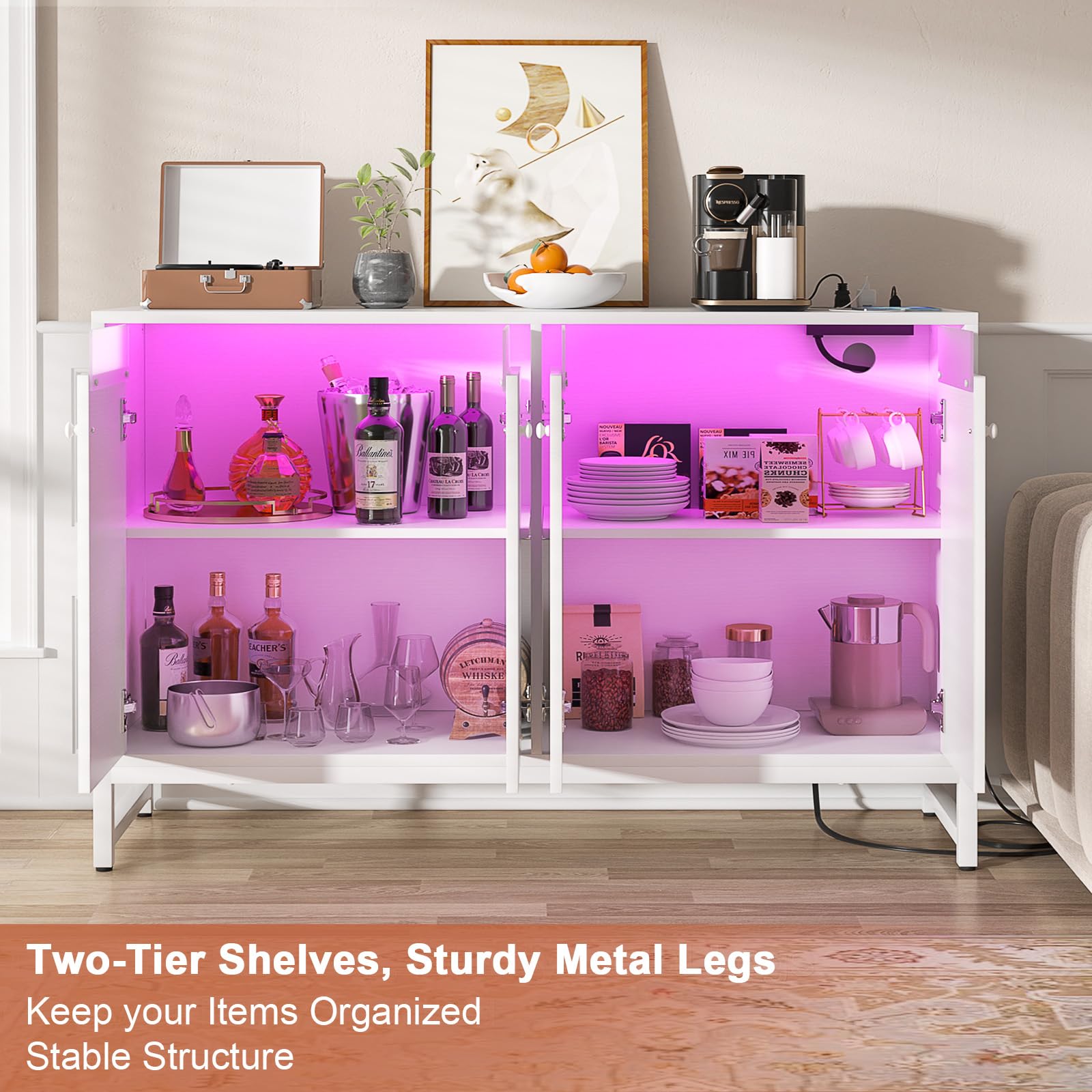 Aheaplus Sideboard Buffet Cabinet with Power Outlet, Kitchen Storage Cabinet with LED Light & Doors, Accent Cabinet Cupboard Buffet Table with Storage for Dining Room, Living Room, Hallway, White