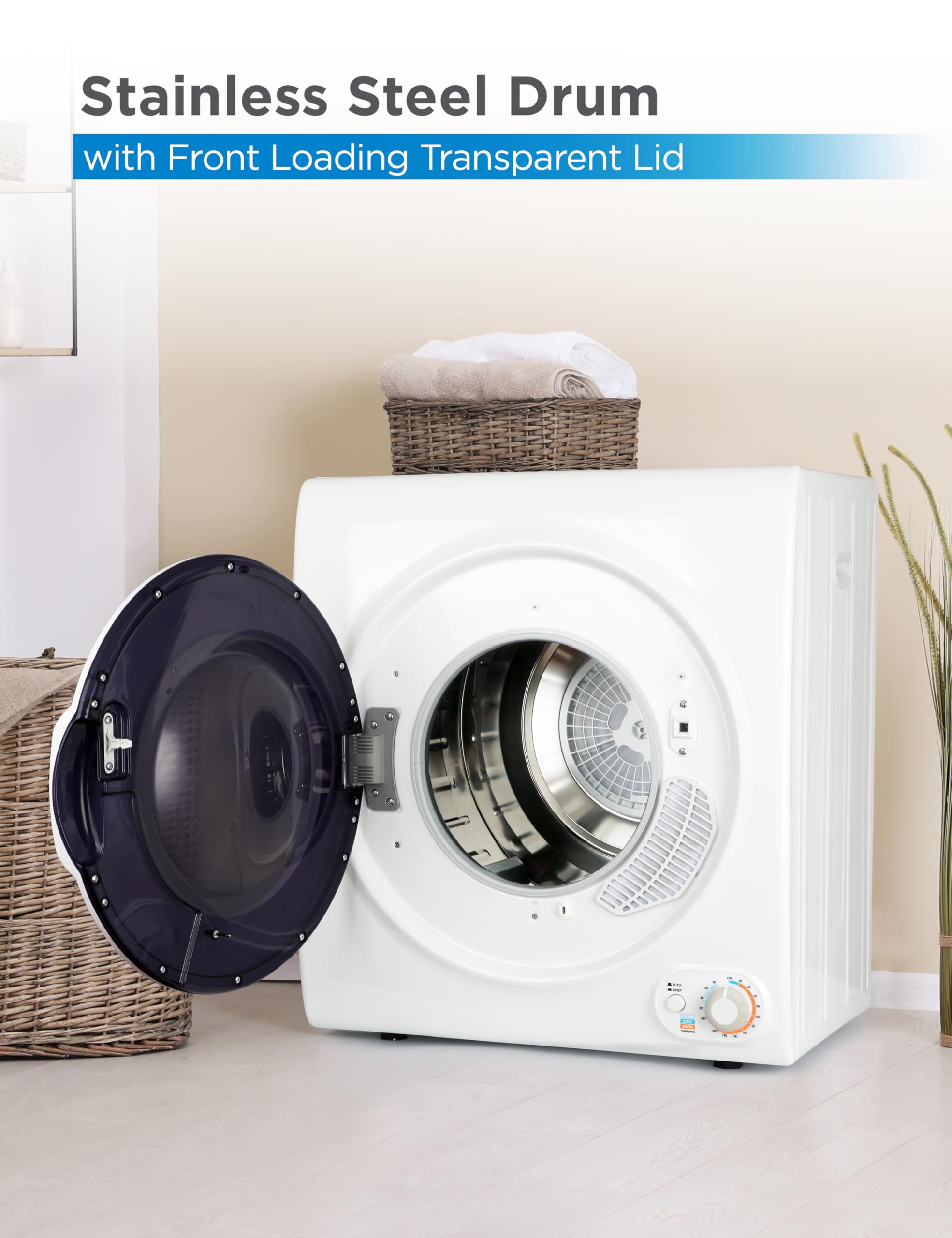 Commercial Care 3.5 Cu. Ft. Portable Dryer, 120V Electric Dryer for Clothes, Front Loading Dryer Machine Holds Up To 13.2 lbs. or 6 kg. of Laundry, Stainless Steel Drum, 1500 Watts, White