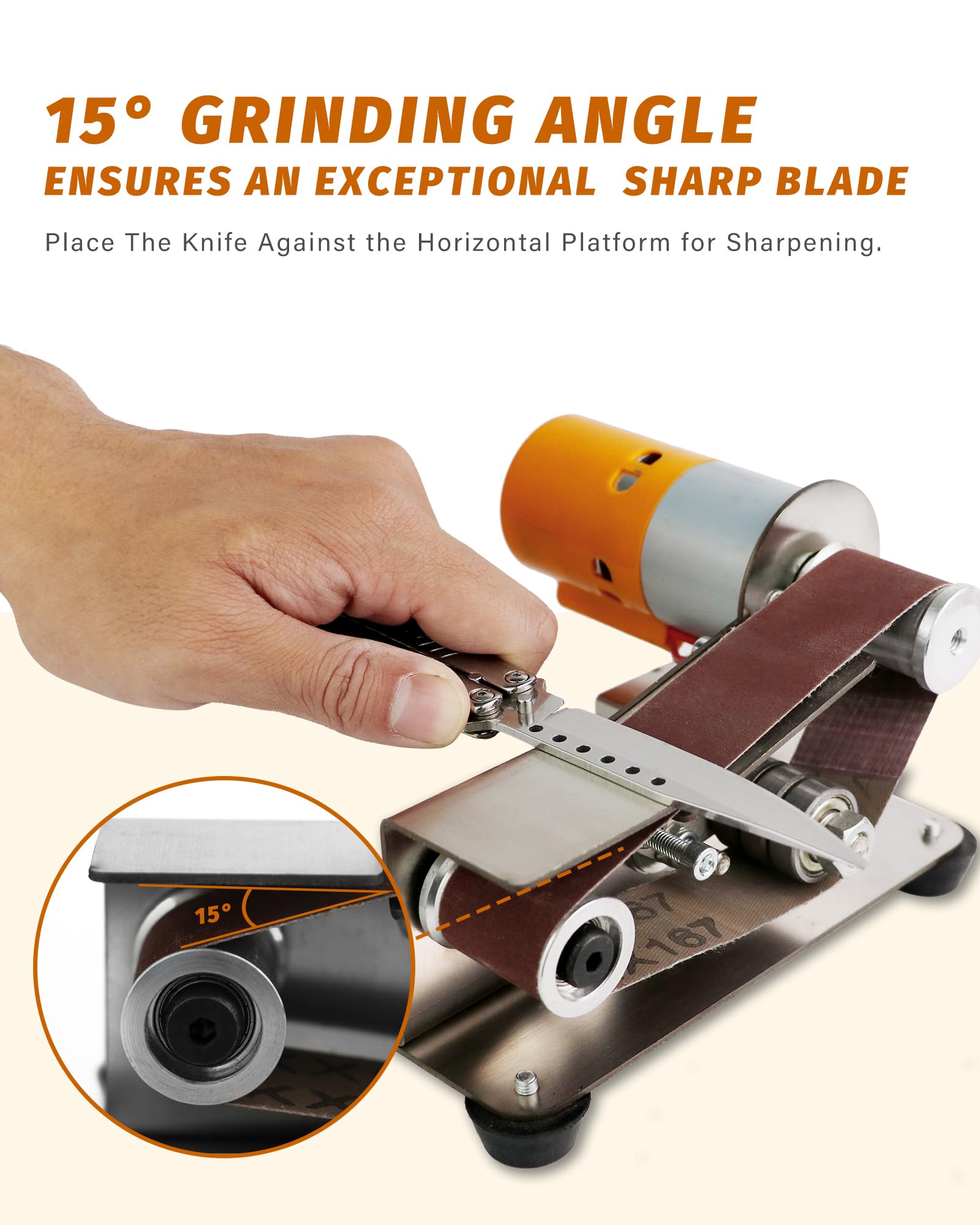 Blissthrill Mini Belt Sander, Electric Spindle Sander, 15° belt sander for knife making, 7 Adjustable Speed Knife Polishing Kit, Power Belt Sanders for Metal Working, DIY (6.5 Inch Mini Belt Sander)