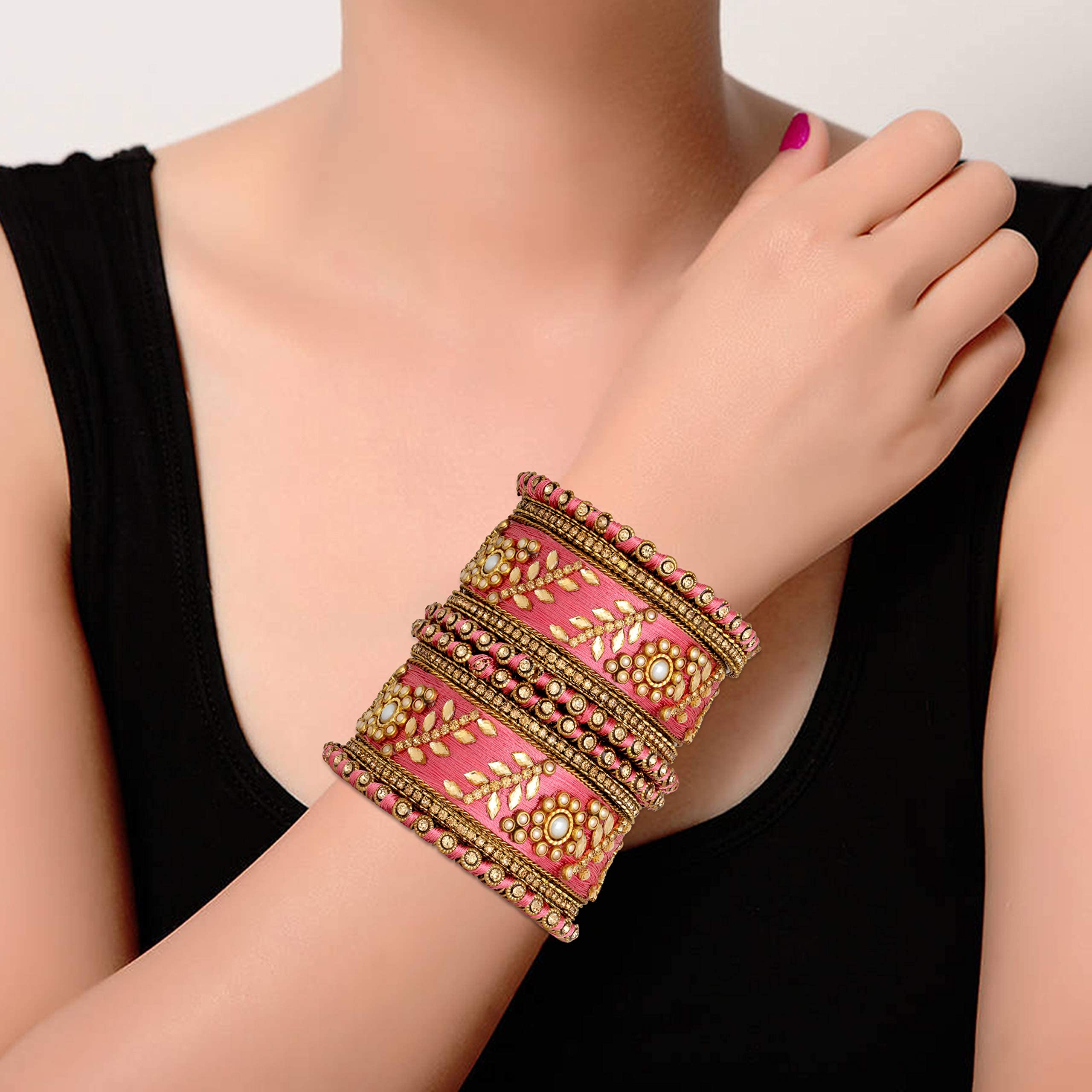 Aheli Traditional Wedding Designer Silk Thread Faux Stone Studded Bridal Bangle Set Chuda Indian Ethnic Bollywood Fashion Jewelry for Women (Pink)