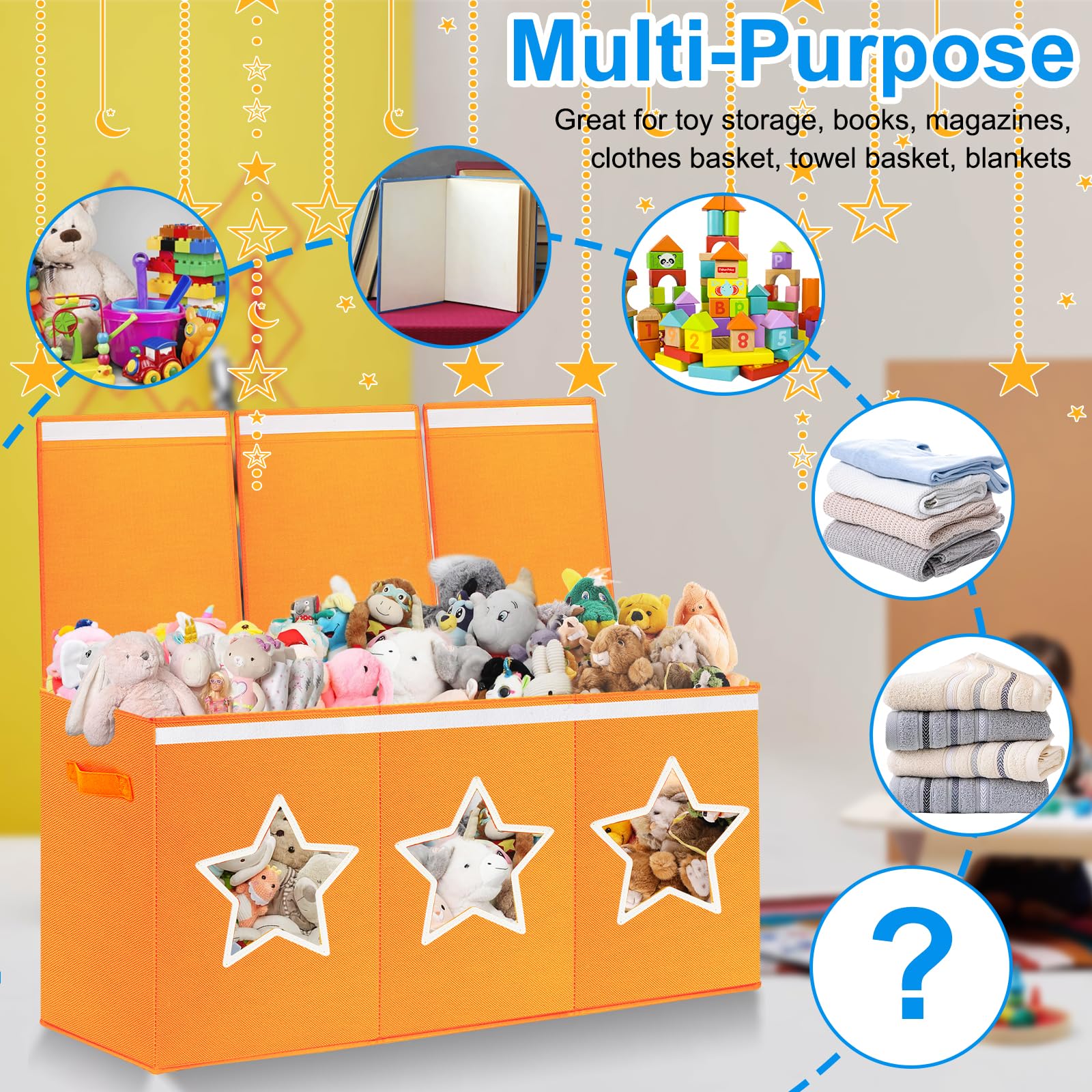 Extra Large Toy Box Chest, Toy Storage Organizer Bins with Transparent Windows, Foldable Storage Box for Kids,Boys,Girls,Toddler,Nursery Room,Playroom(Orange Srar)