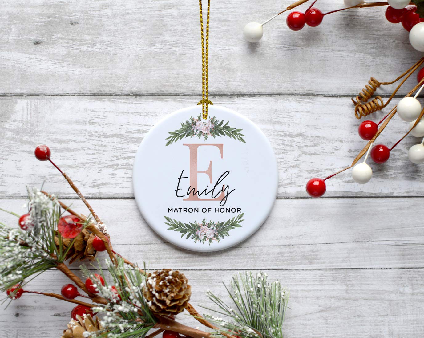 Andaz Press Personalized Round Ceramic Porcelain Christmas Tree Ornament Keepsake Collectible Matron of Honor Gift, Monogram Letter with Name, 1-Pack, Custom